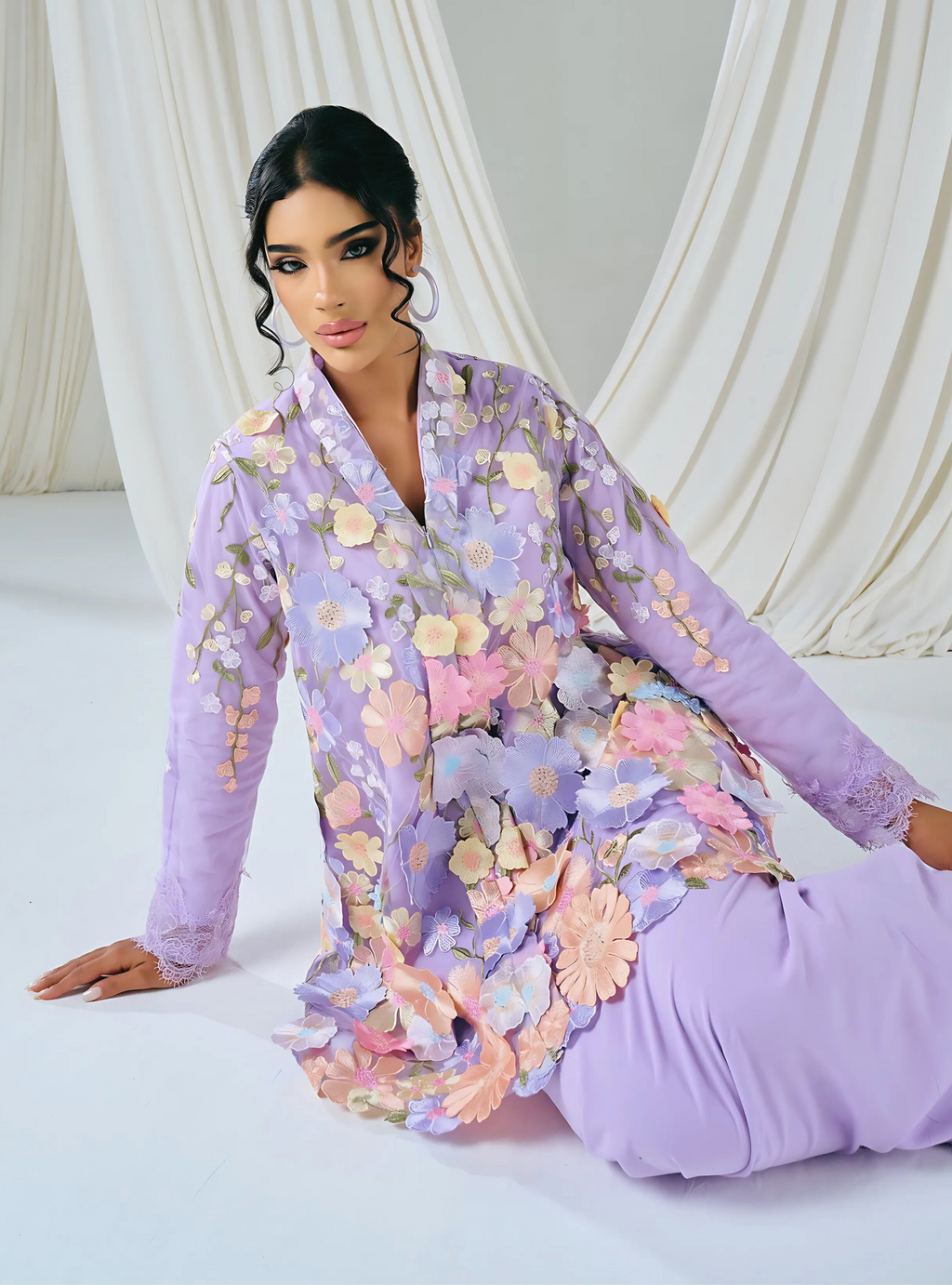 Tun Embun 3D Embroidered Kebaya Kurung - Lilac – CURVA FABULOUS